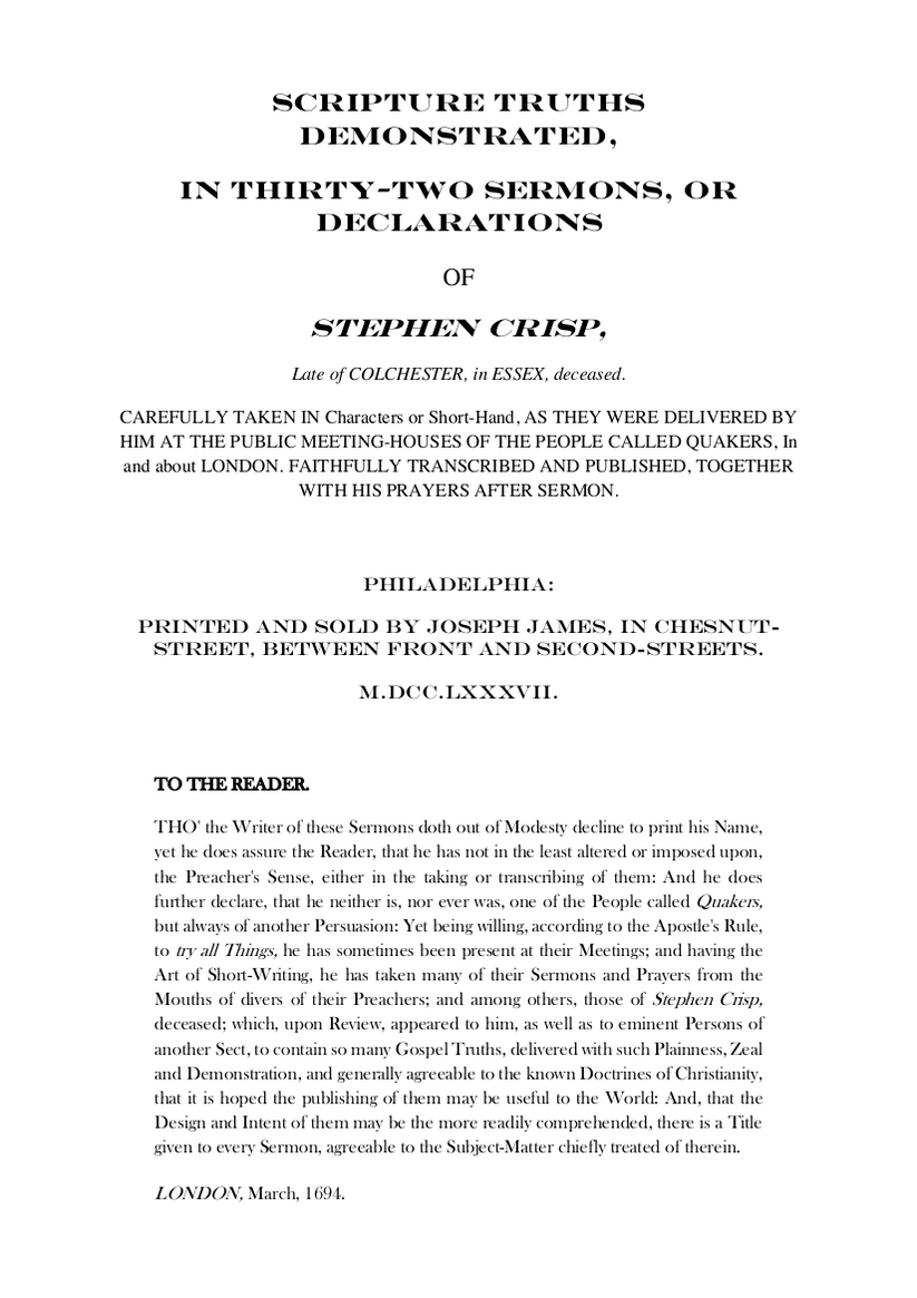 SCRIPTURE TRUTHS DEMONSTRATED, IN THIRTY-TWO SERMONS, OR DECLARATIONS ...